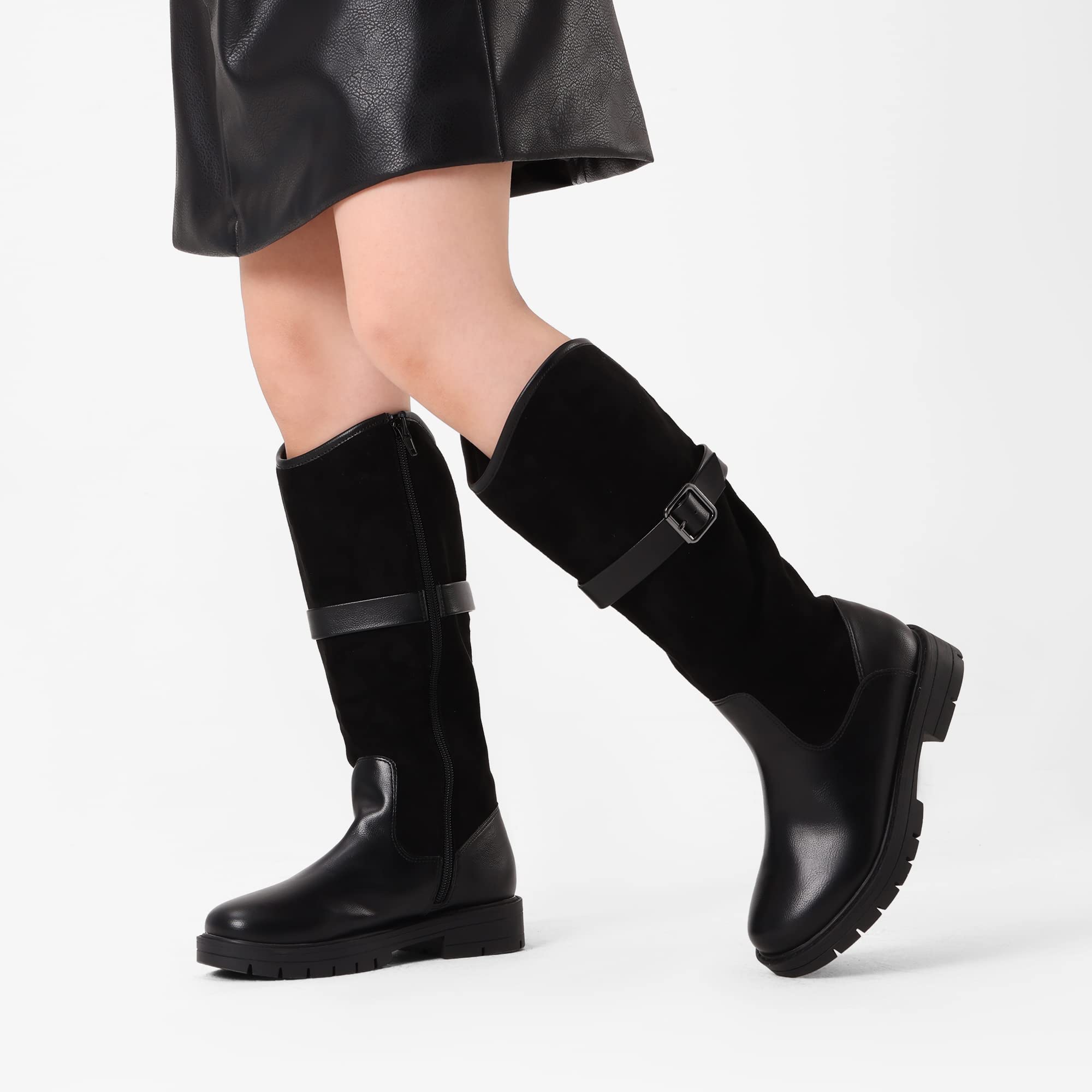 DREAM PAIRS SDBO221K Girls Knee High Buckle Fashion Riding Boots Little Kid/Big Kid Black Size 4
