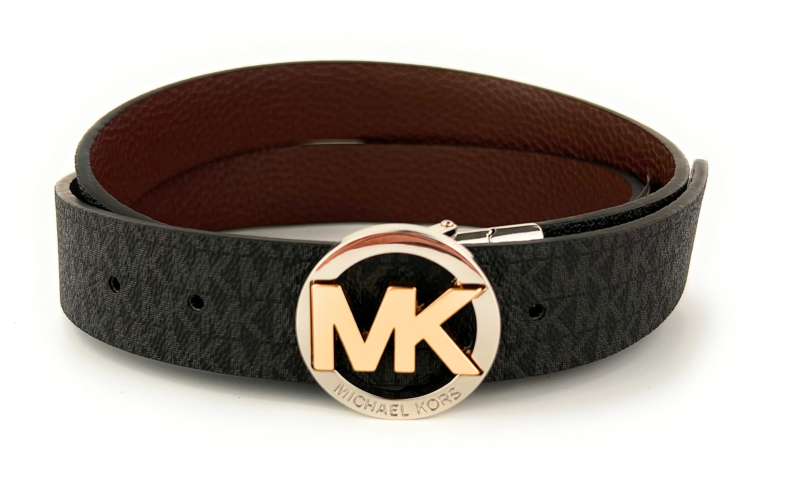 MICHAEL Michael Kors Belt with Silver MK Logo Plaque, Brown and Black, Medium