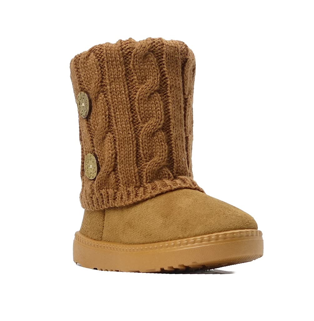 REDVOLUTION Kids Boots Toddler Girls Cute 2 Buttons Faux Fur Suede Knitting Shoe | 285 (Toddler 7, Camel)