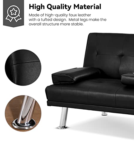 AWQM Faux Leather Futon Sofa Bed Upholstered Modern Convertible Sofa Bed Small Couch Bed Adjustable Couch Sleeper for Compact Living Space, Removable Armrests, Metal Legs, 2 Cupholders, Black