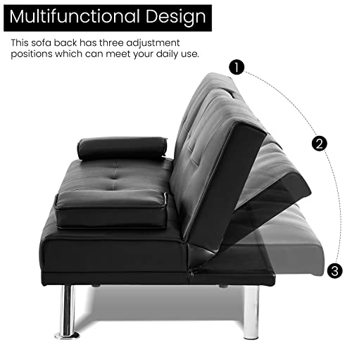 AWQM Faux Leather Futon Sofa Bed Upholstered Modern Convertible Sofa Bed Small Couch Bed Adjustable Couch Sleeper for Compact Living Space, Removable Armrests, Metal Legs, 2 Cupholders, Black