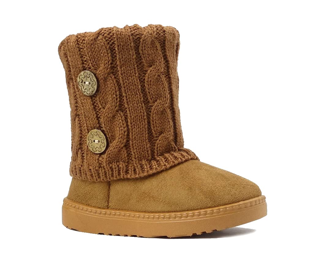 REDVOLUTION Kids Boots Toddler Girls Cute 2 Buttons Faux Fur Suede Knitting Shoe | 285 (Toddler 7, Camel)