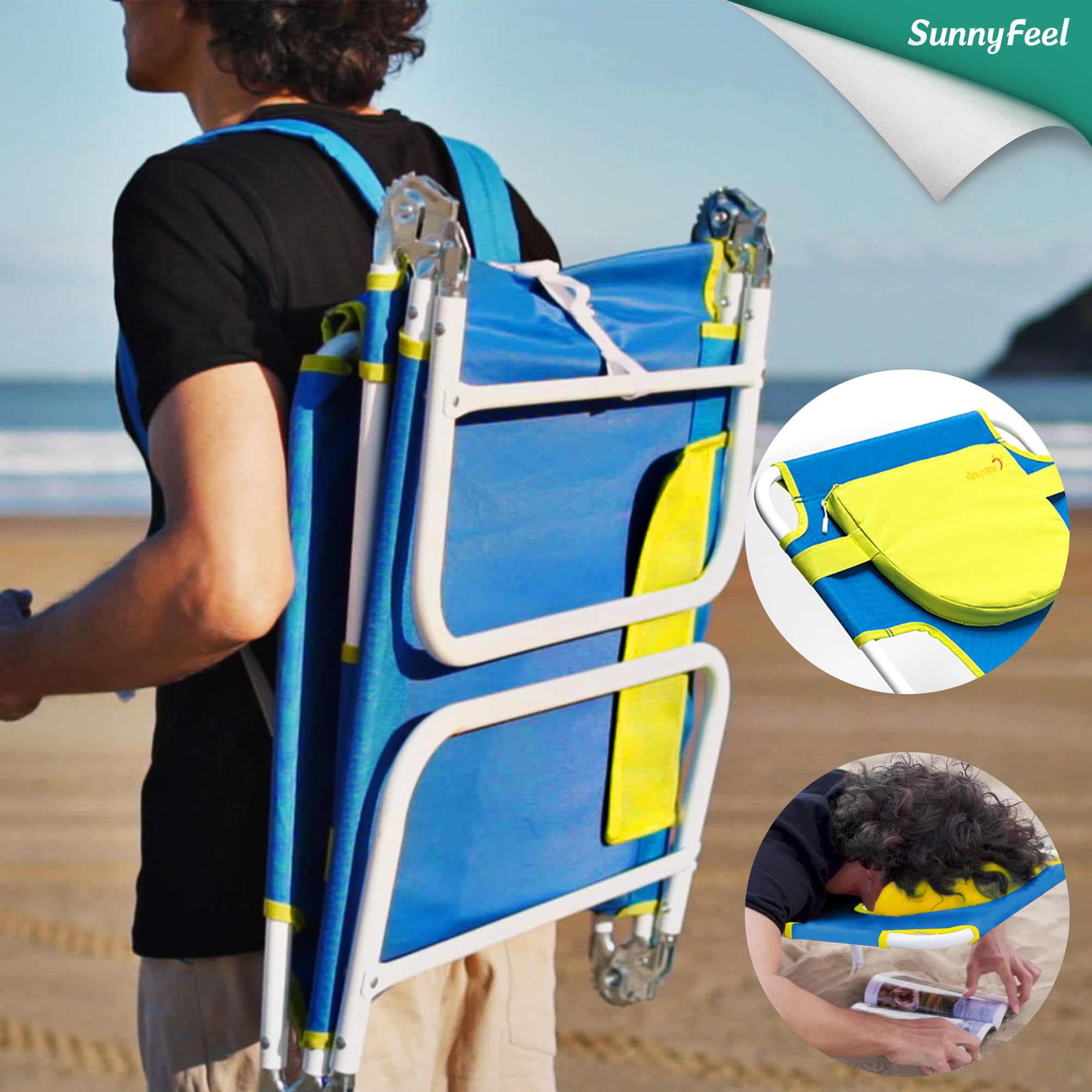 SUNNYFEEL Beach Lounge Chair, Backpack Reclining Beach Chairs Lay Flat, Sun Face Down Tanning Chair, Folding Camping Chairs Portable Camp Cot with Backpack Straps for Outdoor/Picnic/Lawn