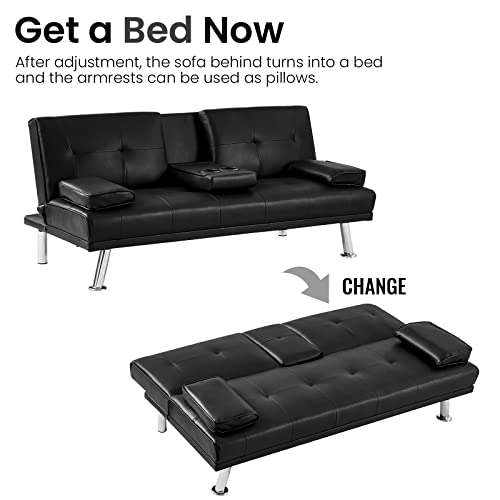 AWQM Faux Leather Futon Sofa Bed Upholstered Modern Convertible Sofa Bed Small Couch Bed Adjustable Couch Sleeper for Compact Living Space, Removable Armrests, Metal Legs, 2 Cupholders, Black