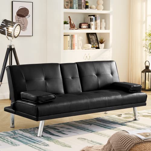 AWQM Faux Leather Futon Sofa Bed Upholstered Modern Convertible Sofa Bed Small Couch Bed Adjustable Couch Sleeper for Compact Living Space, Removable Armrests, Metal Legs, 2 Cupholders, Black