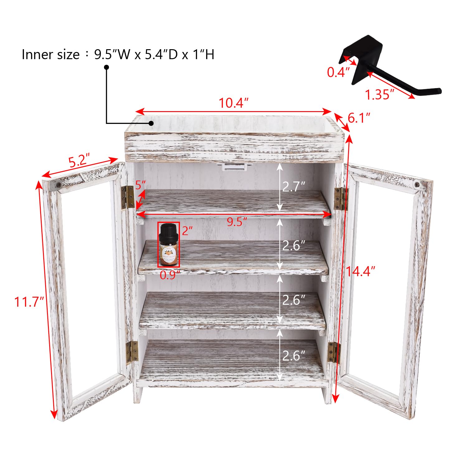 Ikee Design Small Wooden Countertop Storage Cabinet with Adjustable Shelves and Removable Hooks, Perfect for Perfume, Pantry, Essential Oil, 10.4W x 6.1D x 14.4H in, Antique White