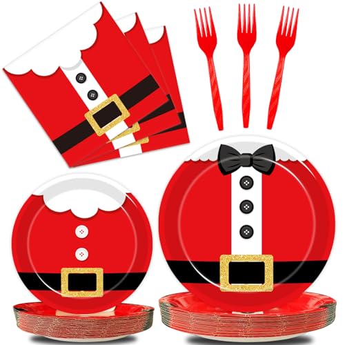 Kepeel 96 Pcs Santa Christmas Paper Plates Santa Claus Suit Disposable Party Plates Napkins Set Merry Christmas Holiday Dinnerware Party Decoration Supplies, Serves 24