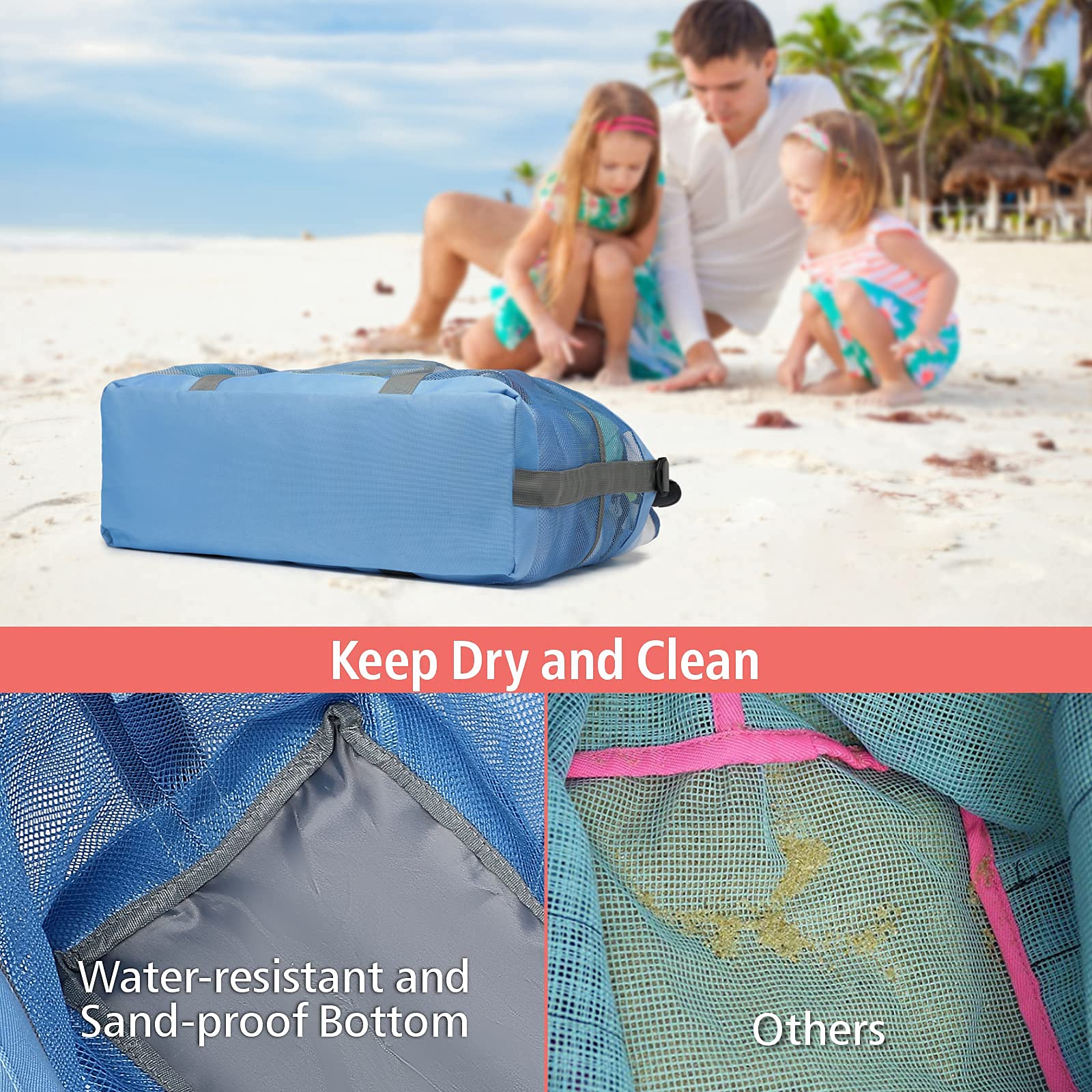 F-color Mesh Beach Bag, 9 Pockets Oversized Beach Tote Bag with Zipper Pool Beach Bag, Blue