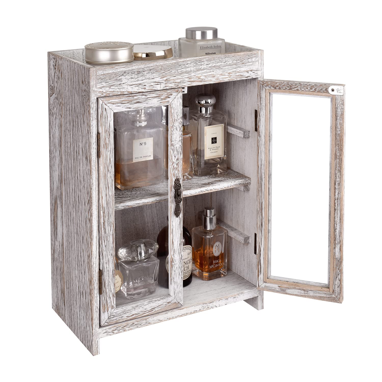 Ikee Design Small Wooden Countertop Storage Cabinet with Adjustable Shelves and Removable Hooks, Perfect for Perfume, Pantry, Essential Oil, 10.4W x 6.1D x 14.4H in, Antique White