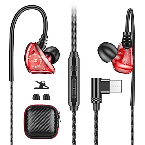 HoneyAKE USB Type C Headphone Earbuds Earphones with Microphone (Mic) in-Ear Wired Volume Control for Samsung Galaxy S8 Google Pixel 2 XL OnePlus 5 5T 3T, Over Ear Buds for Kids Women Small Ears Red