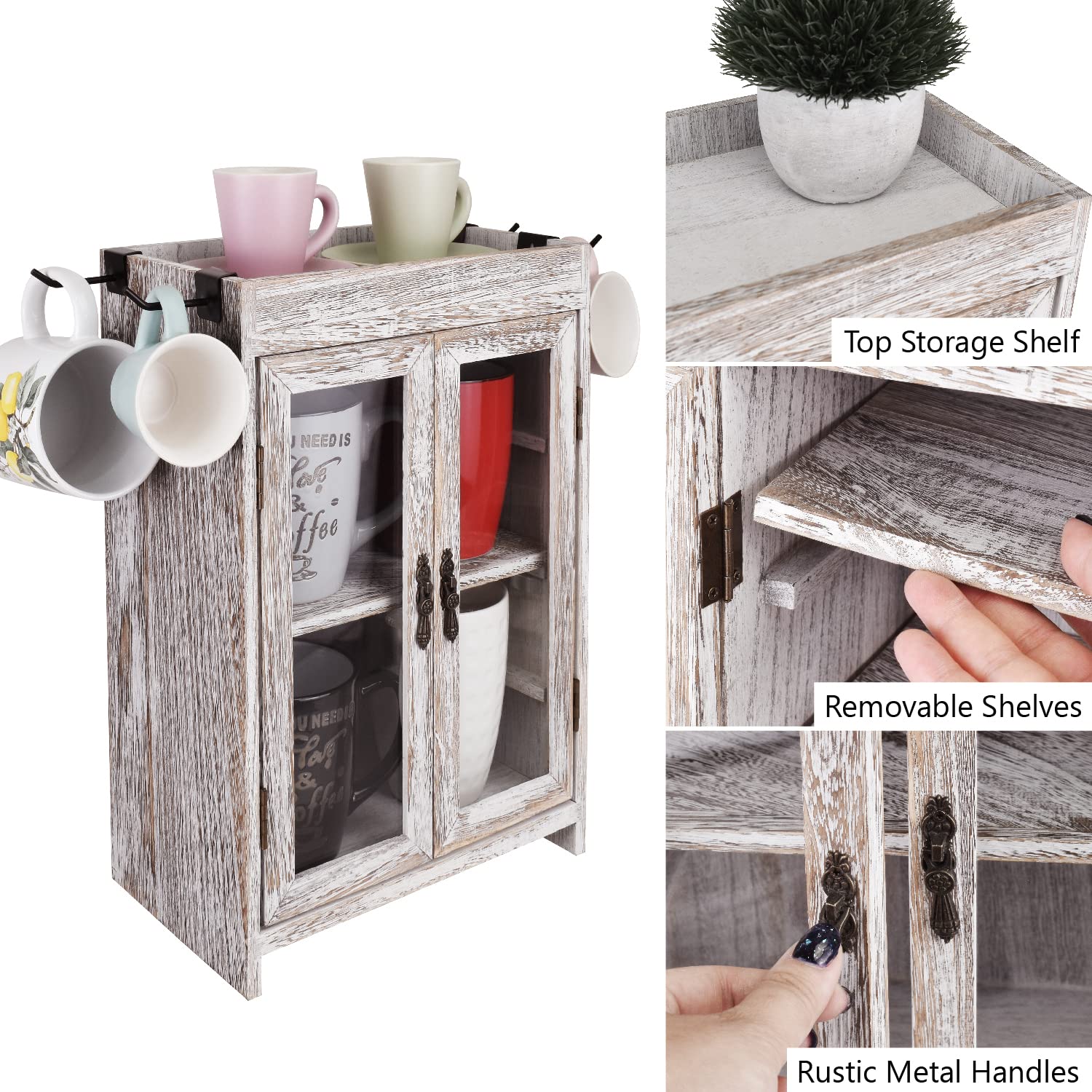 Ikee Design Small Wooden Countertop Storage Cabinet with Adjustable Shelves and Removable Hooks, Perfect for Perfume, Pantry, Essential Oil, 10.4W x 6.1D x 14.4H in, Antique White
