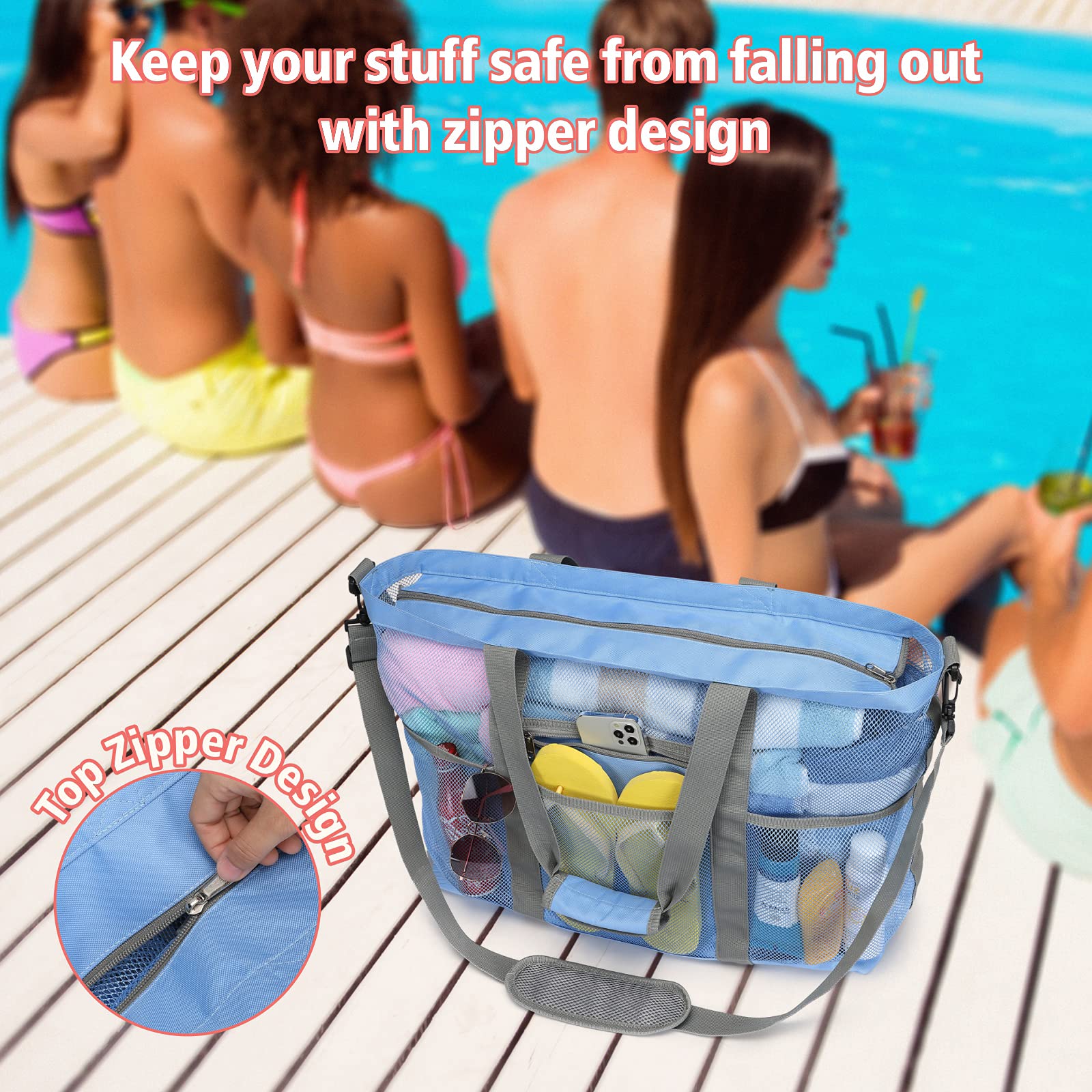 F-color Mesh Beach Bag, 9 Pockets Oversized Beach Tote Bag with Zipper Pool Beach Bag, Blue