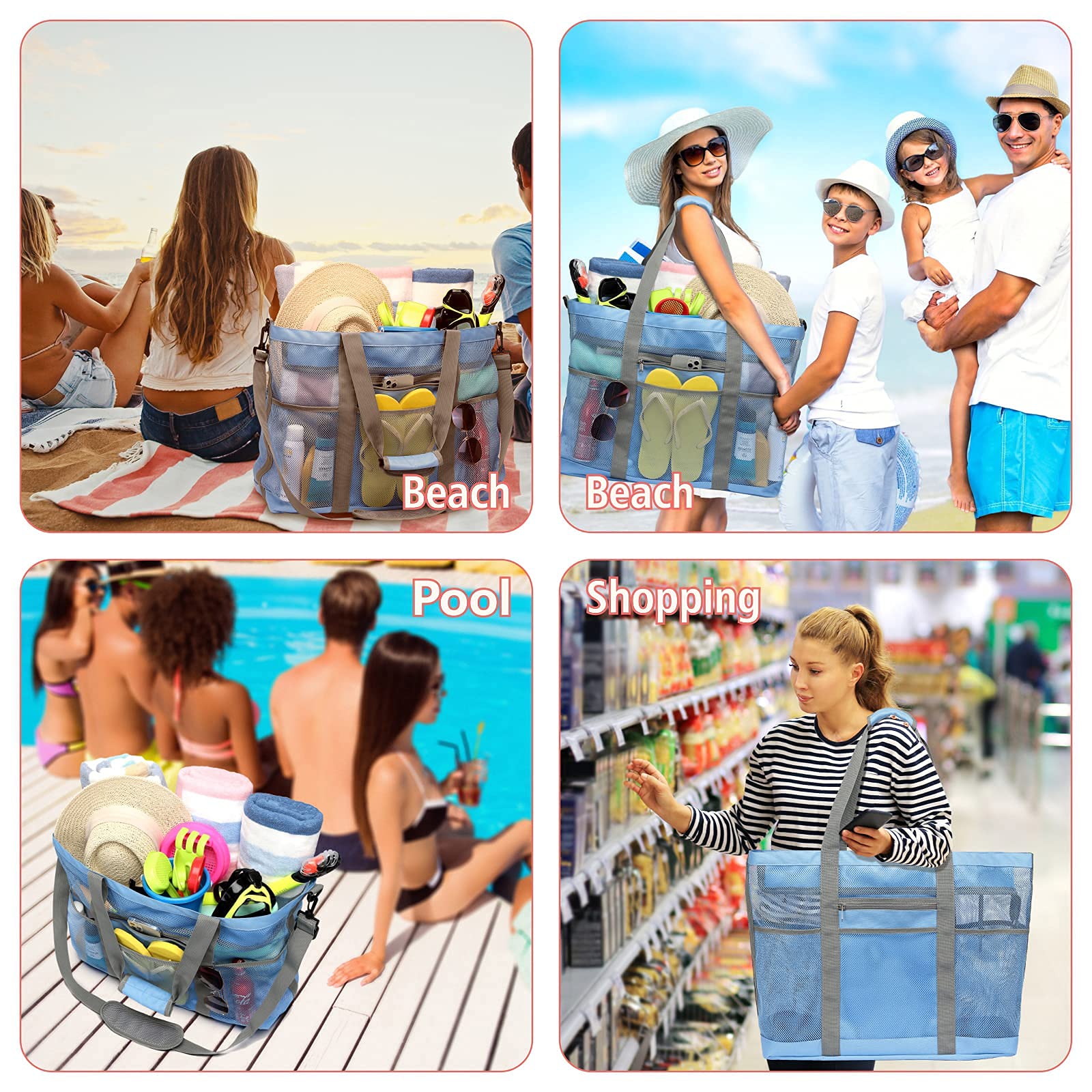 F-color Mesh Beach Bag, 9 Pockets Oversized Beach Tote Bag with Zipper Pool Beach Bag, Blue