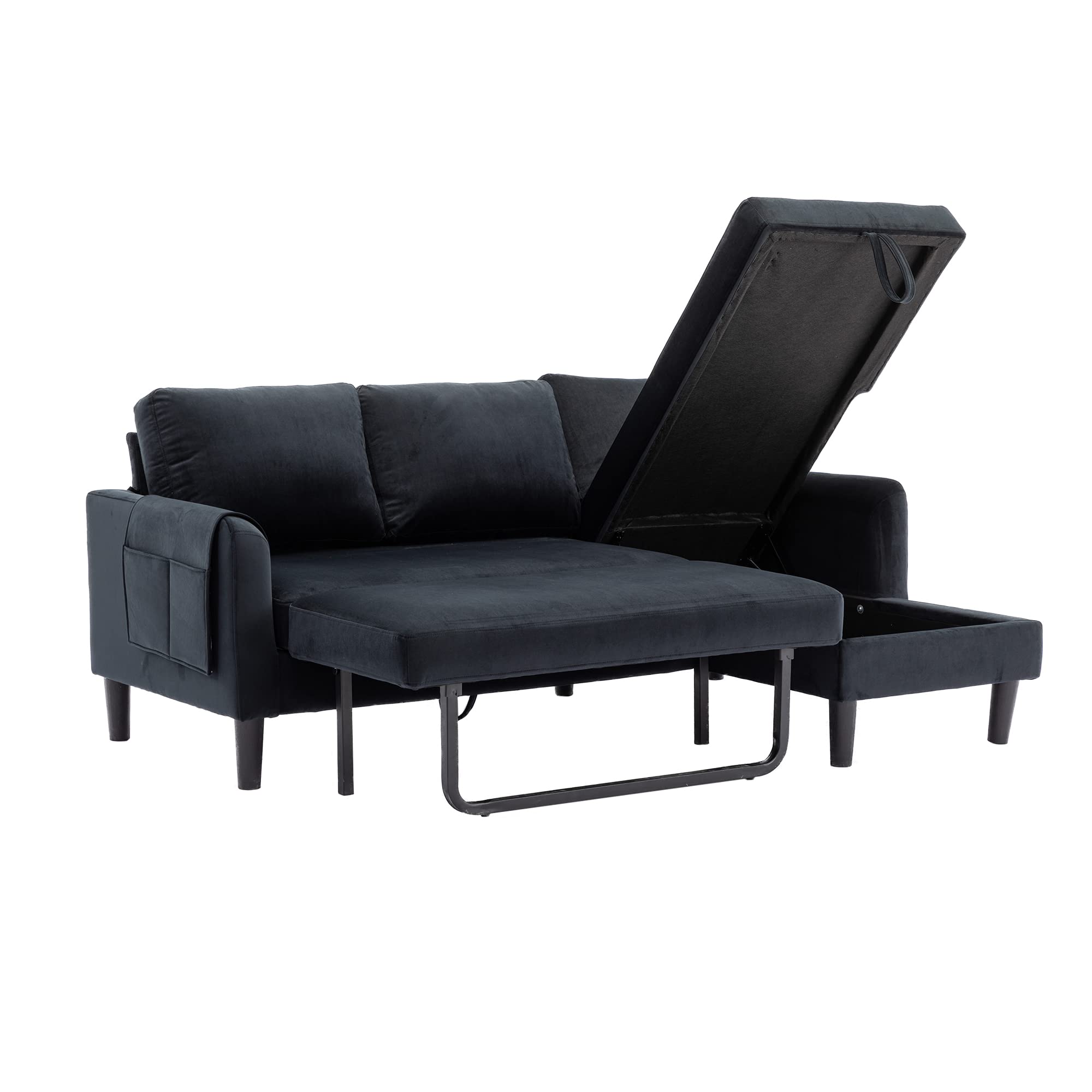 Olela Pull Out Sleeper Sofa Couch,Velvet Convertible Sofa Bed L Shape Sectional Sofa with Storage Chaise and Pocket for Living Room (Black), (convertible sofa bed-1)