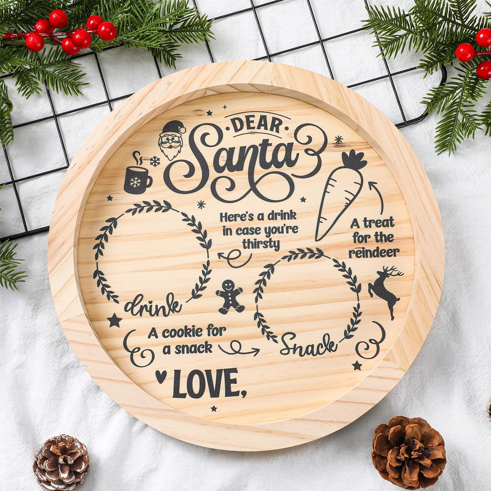 Sliner Christmas Wooden Santa Cookie Plates Round Treat Plates Serving Trays 11.81" Milk Snacks Cookie Plates for Gift Giving Cute Xmas Platters Decorative Santa Treat Board for Holiday Supply