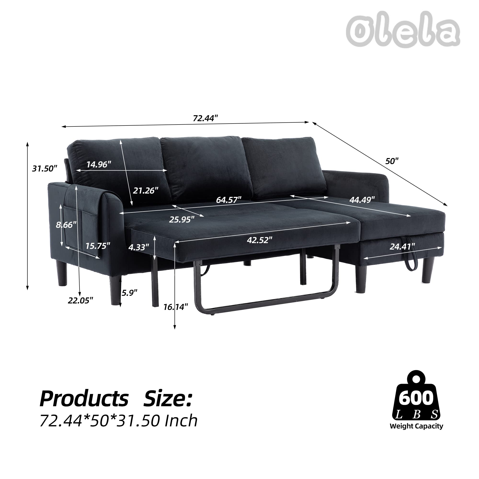 Olela Pull Out Sleeper Sofa Couch,Velvet Convertible Sofa Bed L Shape Sectional Sofa with Storage Chaise and Pocket for Living Room (Black), (convertible sofa bed-1)