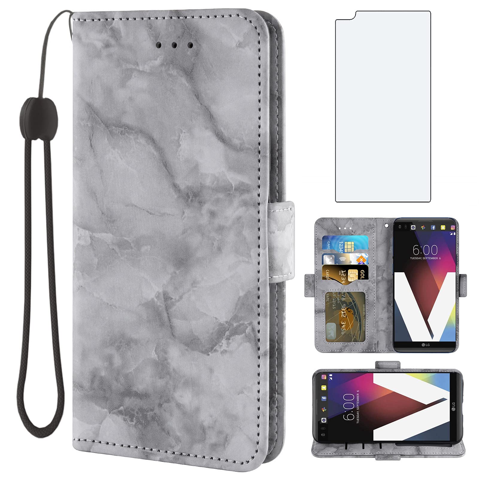 Asuwish Compatible with LG V20 Case and Tempered Glass Screen Protector Cell Accessories Card Holder Slot Kickstand Protective Hybrid Flip Folio Marble Wallet Phone Covers for LGV20 LG20 V 20 Black