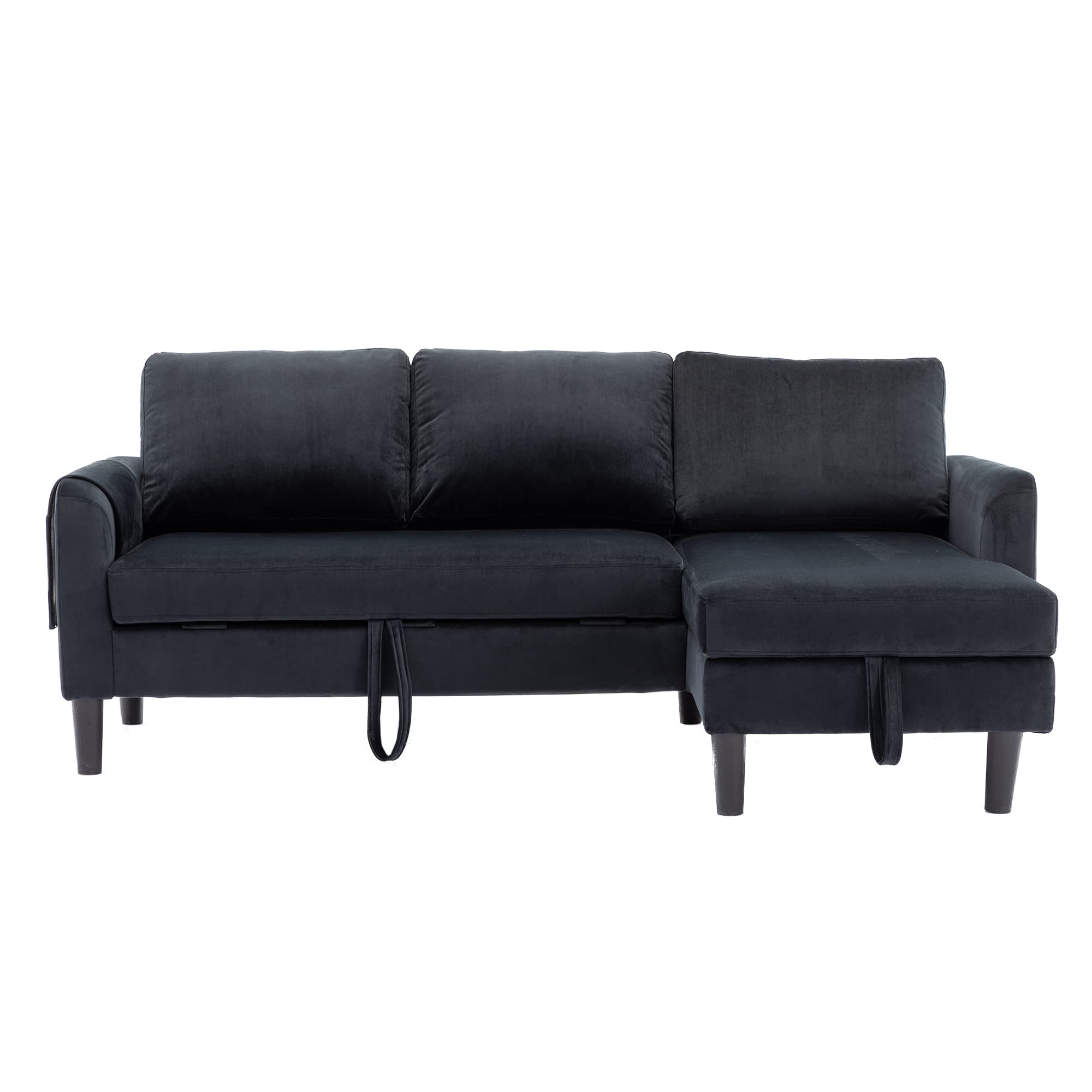 Olela Pull Out Sleeper Sofa Couch,Velvet Convertible Sofa Bed L Shape Sectional Sofa with Storage Chaise and Pocket for Living Room (Black), (convertible sofa bed-1)