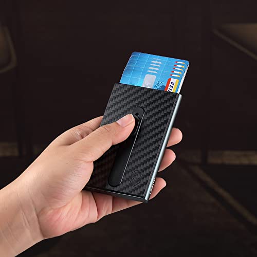 Leaov Minimalist Credit Card Holder wallet Pop Up Cards for Men, with Money Pocket,RFID Blocking Carbon Fiber Slim Metal Case(Space Grey)