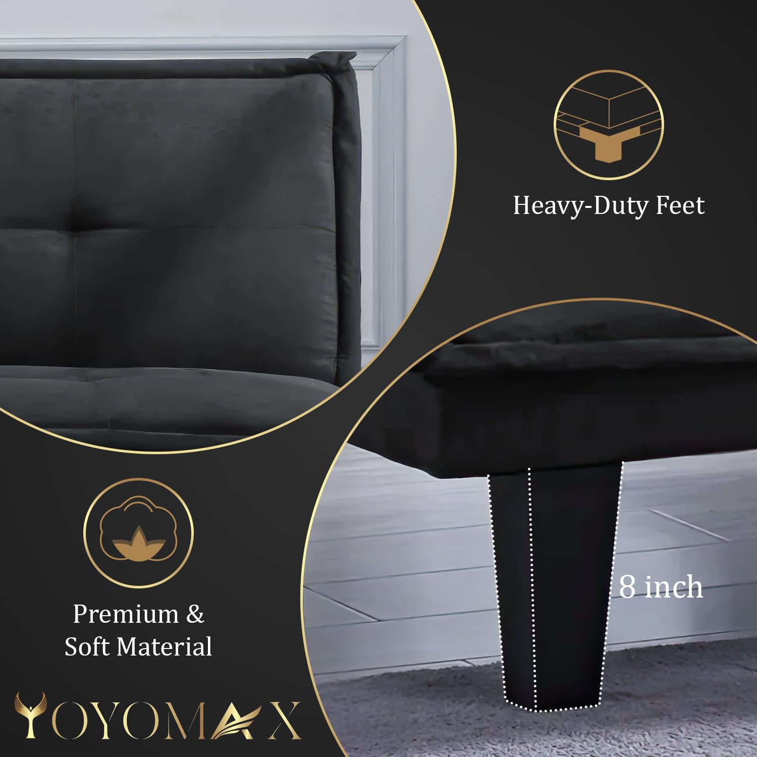 yoyomax Convertible Sofa Bed, Futon Sofa Bed Couch - Adjustable Modern Folding Sofa Bed Easy to Clean-Ideal for Bedroom, Living Room, Apartment and Office-Compact Design for Spacing Saving-Black