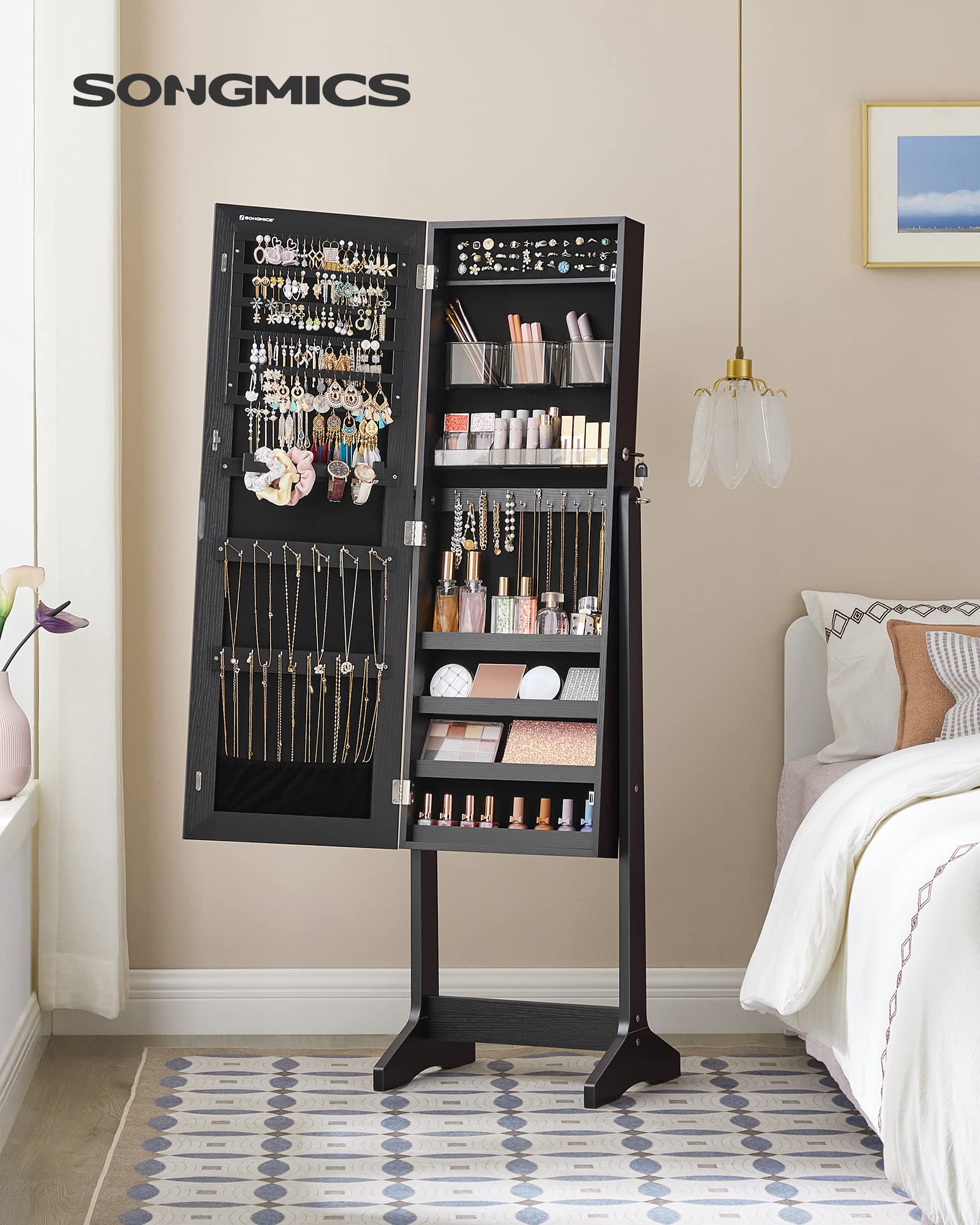 SONGMICS Jewelry Cabinet Armoire, Freestanding Lockable Storage Organizer Unit with 2 Plastic Cosmetic Storage, Full-Length Frameless Mirror, for Necklace Earring, Black UJJC002B01