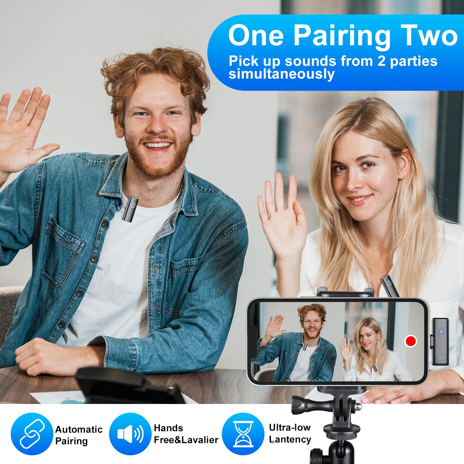 Aptkdoe Wireless Lavalier Microphone for iOS Phone/Pad, 2 Pack Lapel Clip-on Video Recording, 7H Cordless Omnidirectional Condenser Recording Mic, Plug-Play Mic Interview 2023 (M1)