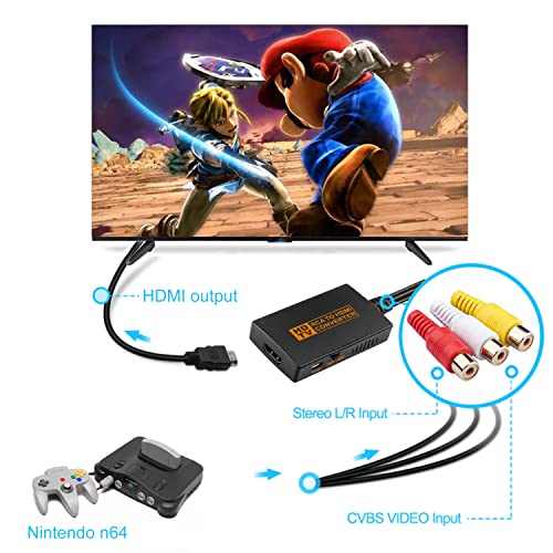 ZUKVYE RCA to HDMI Converter, AV to HDMI Adapter Support 1080P PAL/NTSC Compatible with PS one, PS2, PS3, STB, Xbox, VHS, VCR, Blue-Ray DVD Players( with HDMI Cable )