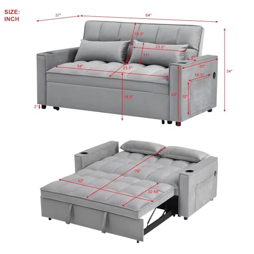 Convertible Loveseat Futon Sofa Couch with Pull-Out Sleeper,Recliner Lounge Sofá Bed Chair,Love Seat Sofabed w/Adjustable Reclining Backrests,USB Ports&Cup Holders for Living Room,Full Size
