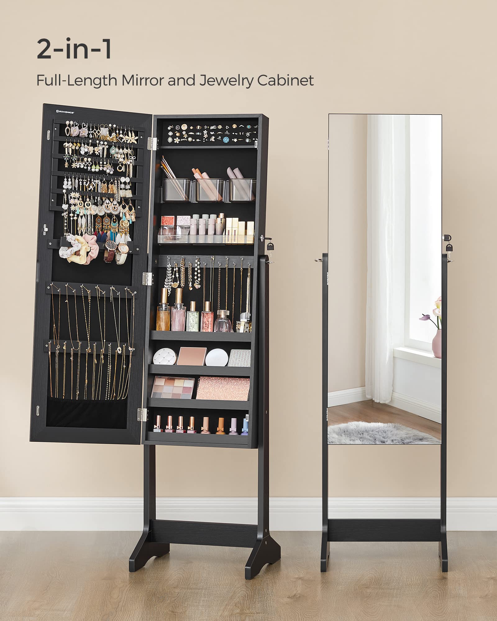 SONGMICS Jewelry Cabinet Armoire, Freestanding Lockable Storage Organizer Unit with 2 Plastic Cosmetic Storage, Full-Length Frameless Mirror, for Necklace Earring, Black UJJC002B01