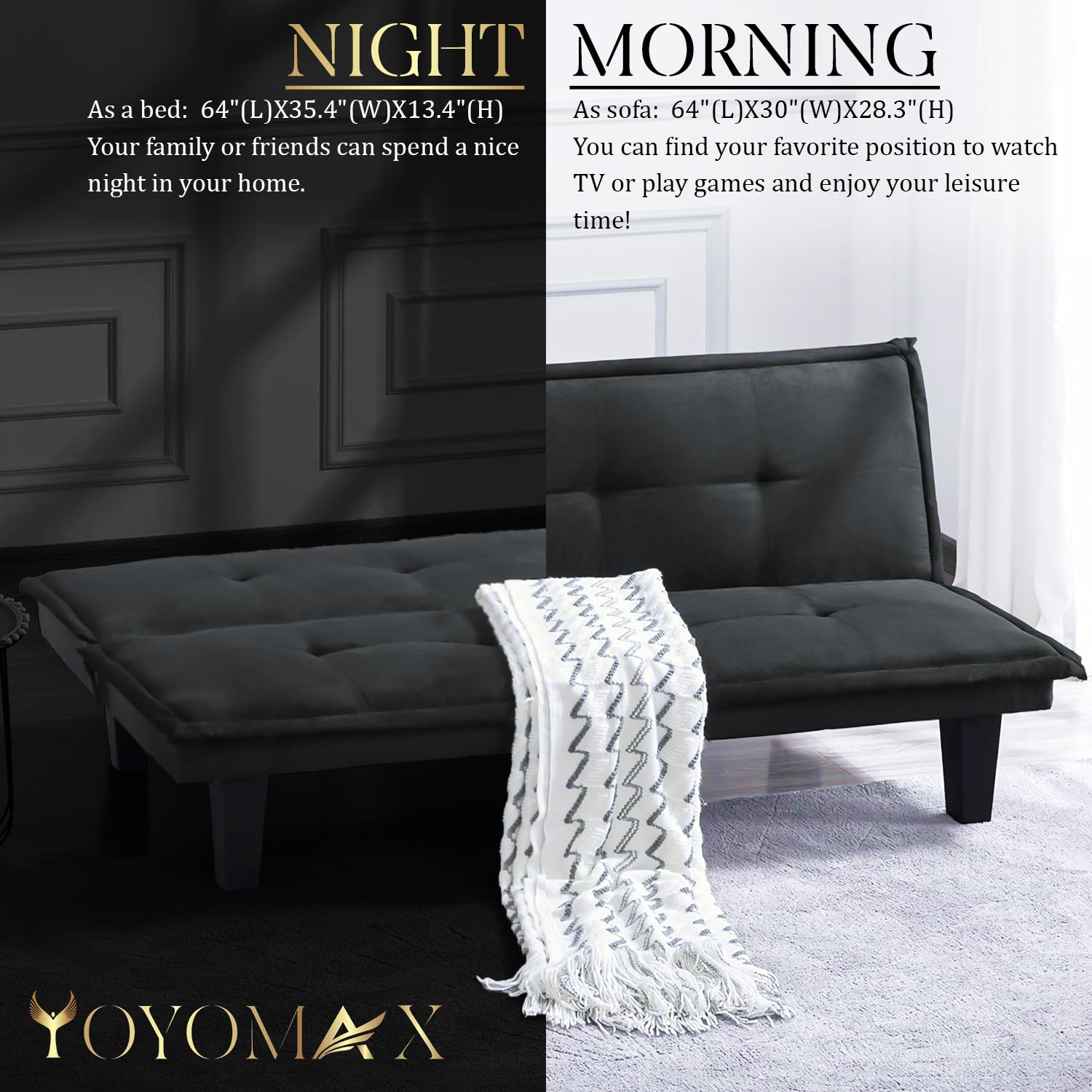 yoyomax Convertible Sofa Bed, Futon Sofa Bed Couch - Adjustable Modern Folding Sofa Bed Easy to Clean-Ideal for Bedroom, Living Room, Apartment and Office-Compact Design for Spacing Saving-Black