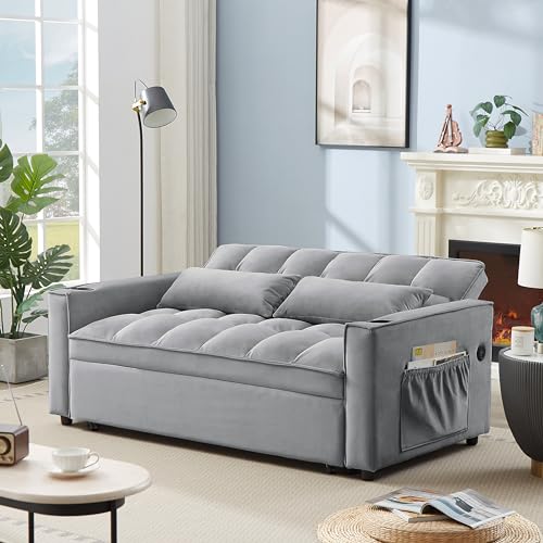 Convertible Loveseat Futon Sofa Couch with Pull-Out Sleeper,Recliner Lounge Sofá Bed Chair,Love Seat Sofabed w/Adjustable Reclining Backrests,USB Ports&Cup Holders for Living Room,Full Size