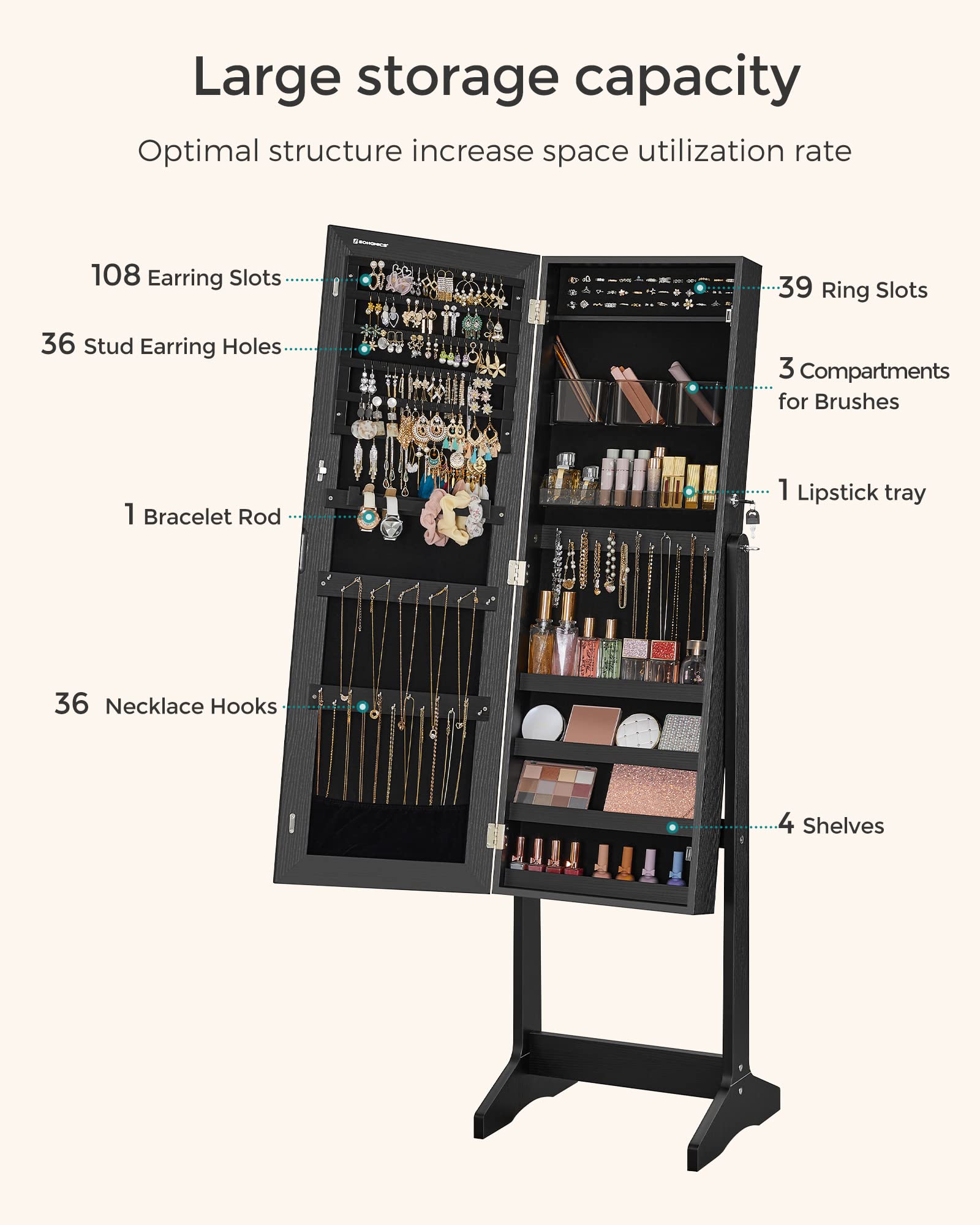 SONGMICS Jewelry Cabinet Armoire, Freestanding Lockable Storage Organizer Unit with 2 Plastic Cosmetic Storage, Full-Length Frameless Mirror, for Necklace Earring, Black UJJC002B01