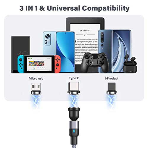 Aripps Magnetic Charging Cable 4 Pack (3.3ft/6.6ft/6.6ft/10ft), 540 Degree Rotating Magnetic Phone Charger Cable, 3 in 1 Nylon Braided Magnetic USB Cable for Type C, Micro USB