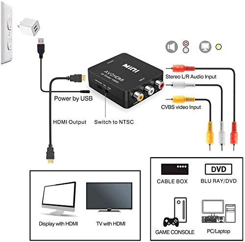 Amtake RCA to HDMI Converter, 1080P RCA Composite CVBS AV to HDMI Video Audio Converter Adapter Compatible with N64 Wii PS2 Xbox VHS VCR Camera DVD, Support PAL/NTSC with USB Power Cable