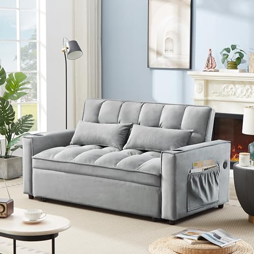 Convertible Loveseat Futon Sofa Couch with Pull-Out Sleeper,Recliner Lounge Sofá Bed Chair,Love Seat Sofabed w/Adjustable Reclining Backrests,USB Ports&Cup Holders for Living Room,Full Size