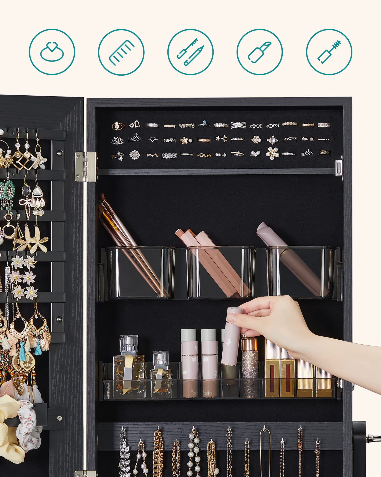 SONGMICS Jewelry Cabinet Armoire, Freestanding Lockable Storage Organizer Unit with 2 Plastic Cosmetic Storage, Full-Length Frameless Mirror, for Necklace Earring, Black UJJC002B01