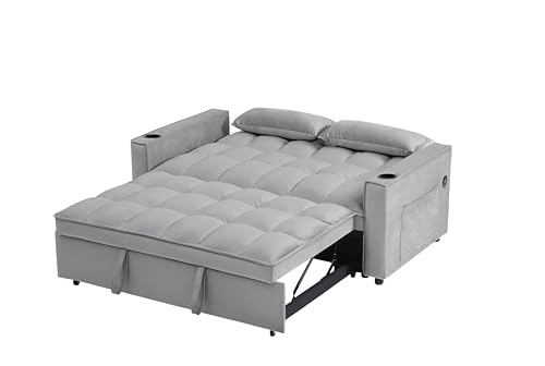 Convertible Loveseat Futon Sofa Couch with Pull-Out Sleeper,Recliner Lounge Sofá Bed Chair,Love Seat Sofabed w/Adjustable Reclining Backrests,USB Ports&Cup Holders for Living Room,Full Size