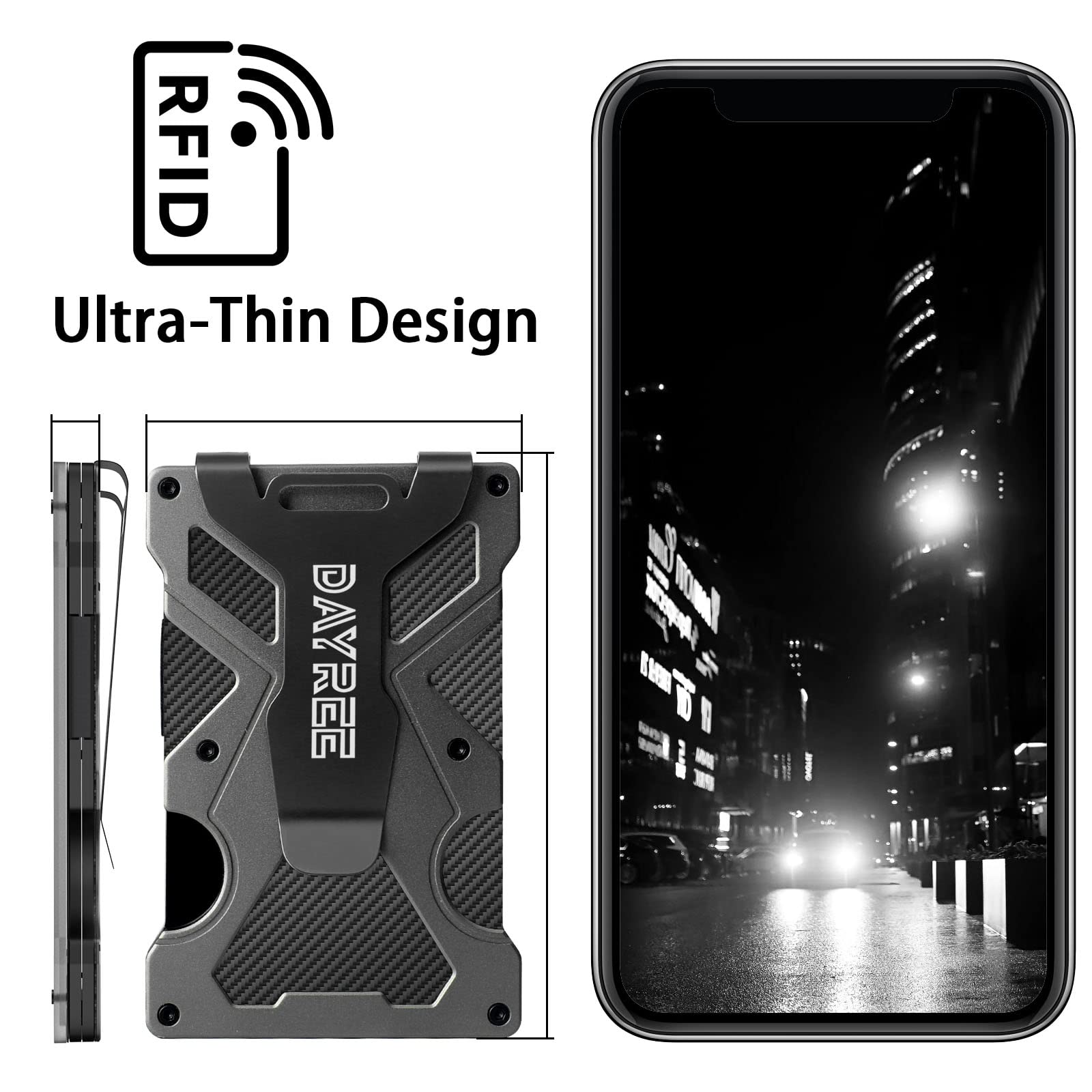 DAYREE Minimalist Wallet for Men Slim Aluminum metal wallet Money Clip with 1 Clear ID Holder,Front Pocket Carbon Fiber RFID Blocking Tactical Wallet for Mens Gift (Black)