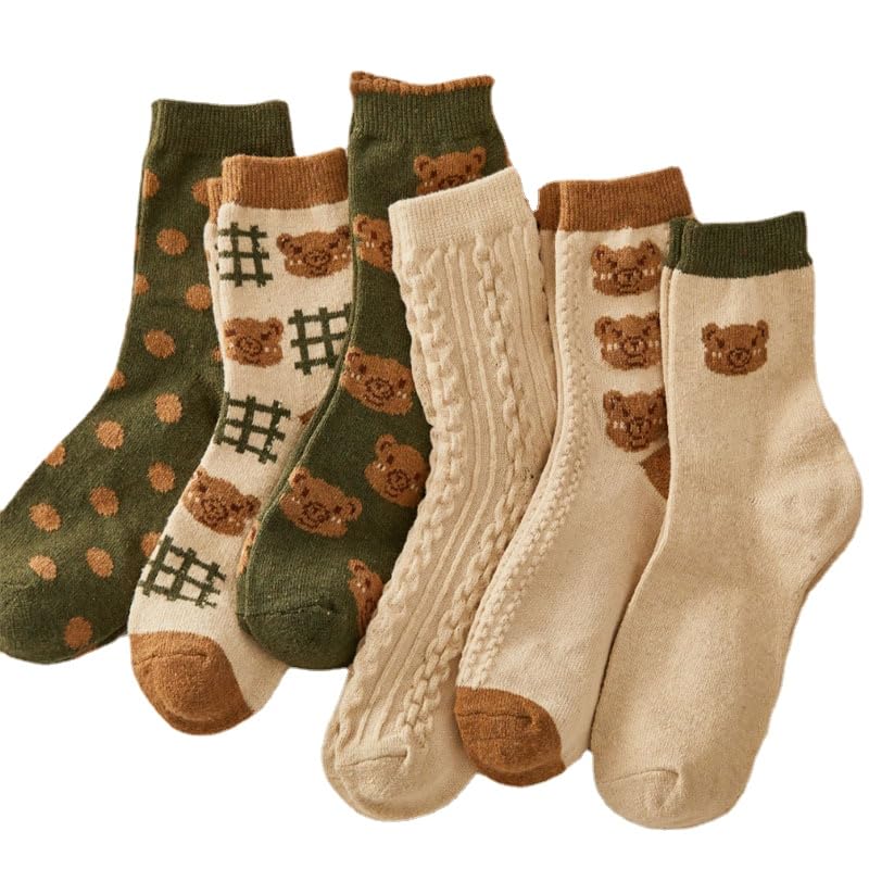 6 Pairs Vintage Socks Y2K Cute Bears Cotton Socks Gyaru Aesthetic Ankle Dress Socks Downtown Girl Preppy Accessories (6 Pairs,One Size)