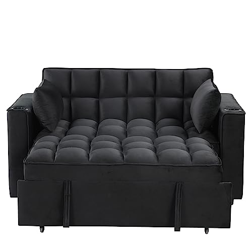 FULife Futon Sofa Loveseat with Cup Holder,USB Port,Side Pocket&Pillows,Adjustable Pull Out Sleeper Sofá Chair Bed,Convertible Upholstered Lounge Chaise Couch Armchair for Living Room, Gray 55.3" w