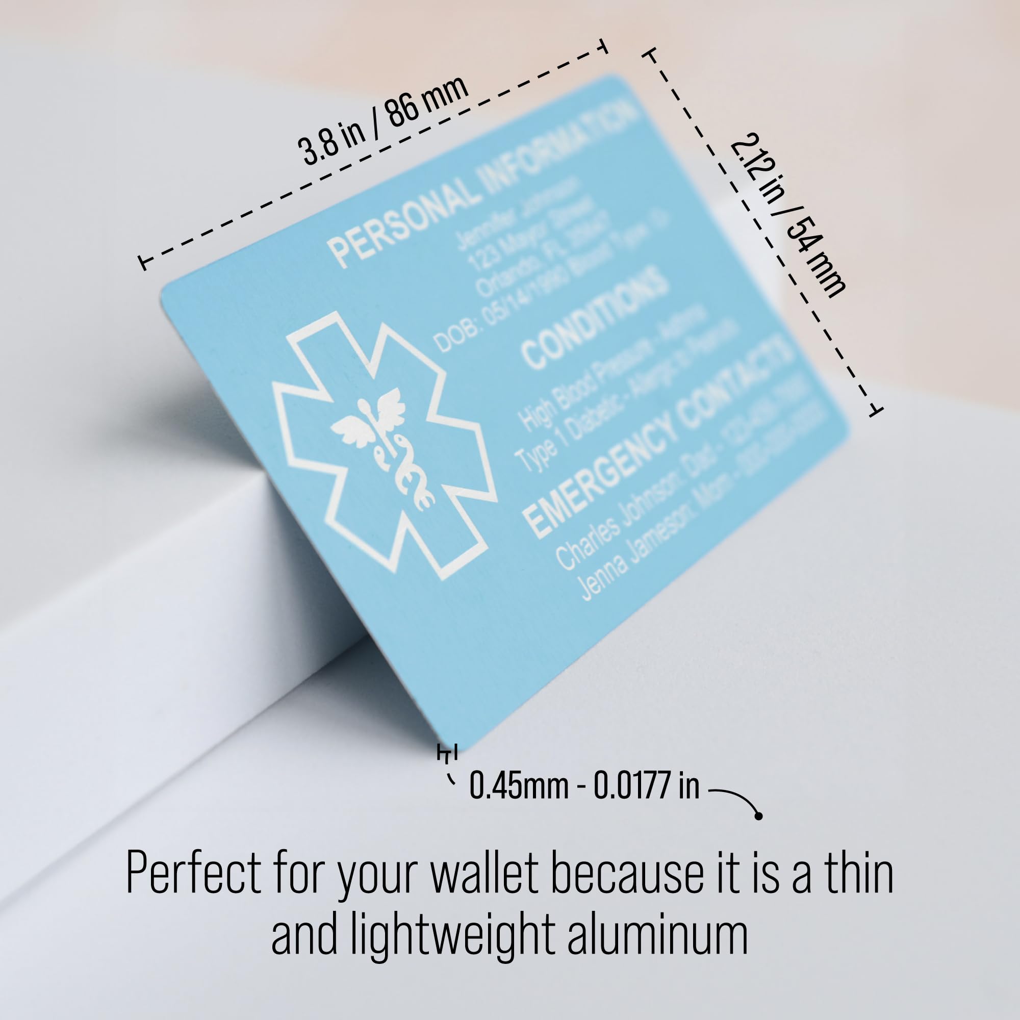 Custom Medical ID Card for Wallet, Aluminum Free Engraving Emergency Contact Card, Personalized Metal Awareness Alert ICE Card for Medic Conditions, Allergies & Identification