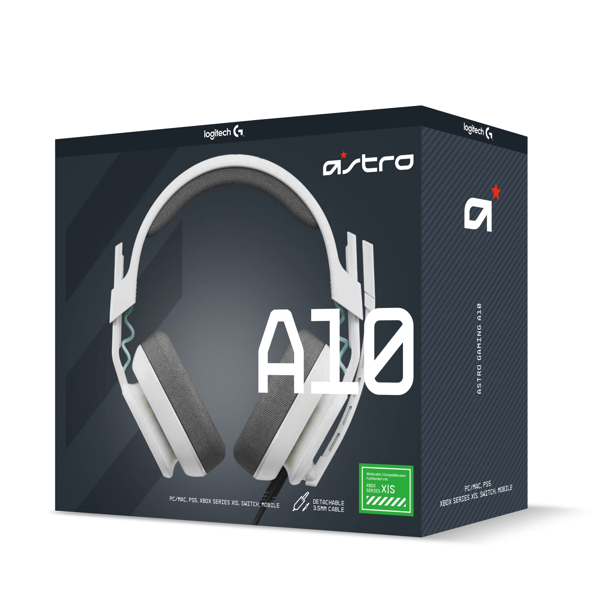 Logitech G Astro A10 Gen 2 Cross-Platform Wired Gaming Headset for PlayStation 5/4, Xbox S|X, Nintendo Switch, PC: 3.5mm Headphone Jack, 32mm Drivers, Flip-to-Mute Mic, Over-Ear - White/Xbox Edition
