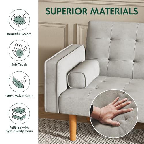 YESHOMY Futon Sofa Bed Convertible Sectional Sleeper Couch, Splitback Loveseat with Tapered Legs, 74", Small Lounge for Living Room, Study and Bedroom, Light Gray