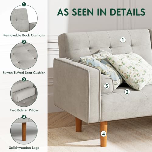 YESHOMY Futon Sofa Bed Convertible Sectional Sleeper Couch, Splitback Loveseat with Tapered Legs, 74", Small Lounge for Living Room, Study and Bedroom, Light Gray
