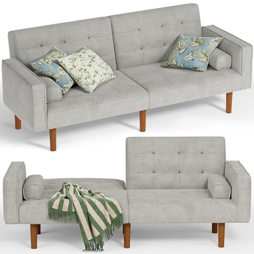 YESHOMY Futon Sofa Bed Convertible Sectional Sleeper Couch, Splitback Loveseat with Tapered Legs, 74", Small Lounge for Living Room, Study and Bedroom, Light Gray