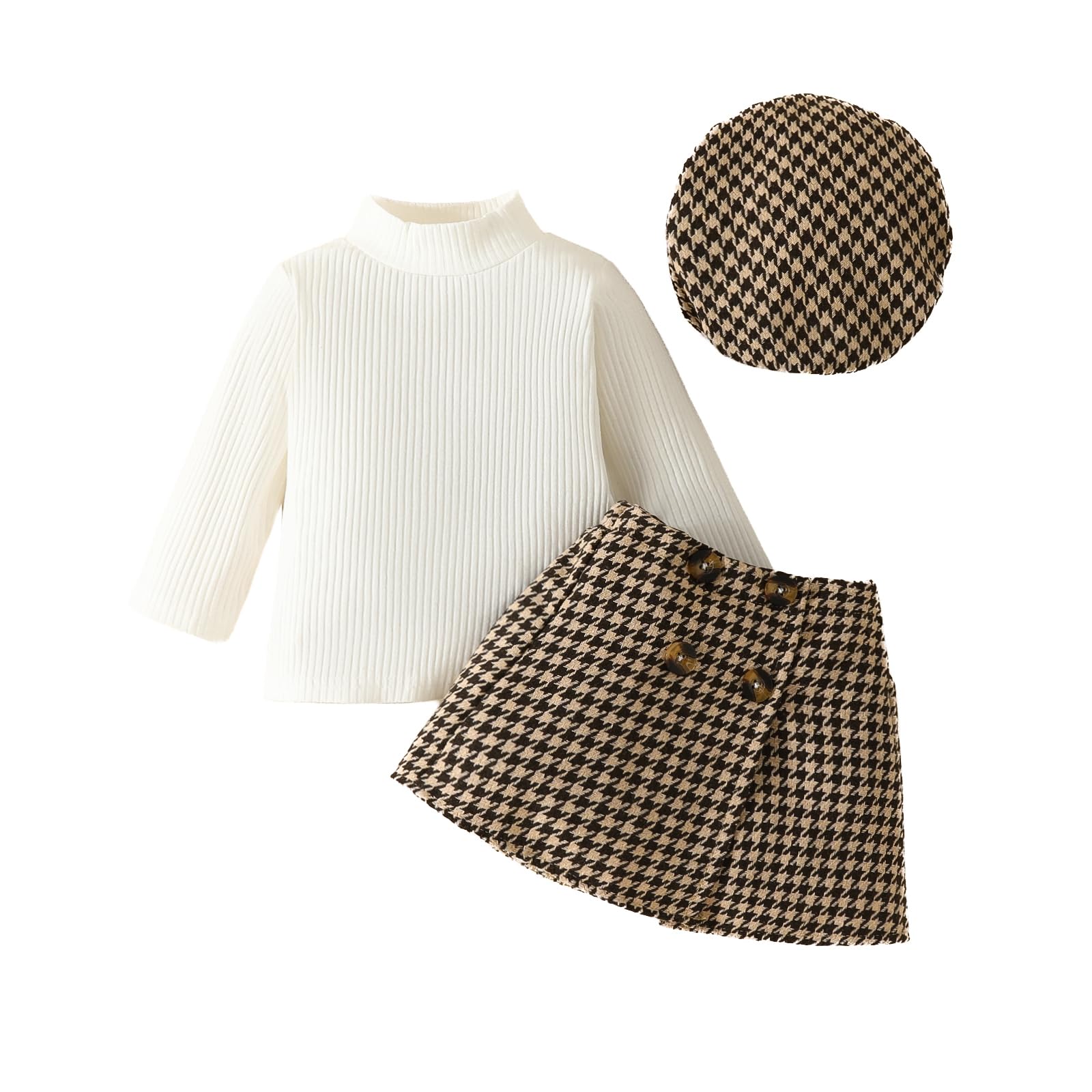 TUSFTAY Toddler Baby Girl Outfits Fall Winter Clothes Ribbed Long Sleeve Tops Houndstooth Print Mini Skirts Beret 3PCS Set (B White, 18-24 Months)
