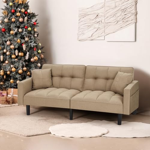 AVAWING Futon Sofa Bed, Modern Linen Fabric Convertible Upholstered Couch with Adjustable Back, Arms and High Strength Nylon Legs for Living Room, Apartment, Office (Khaki)