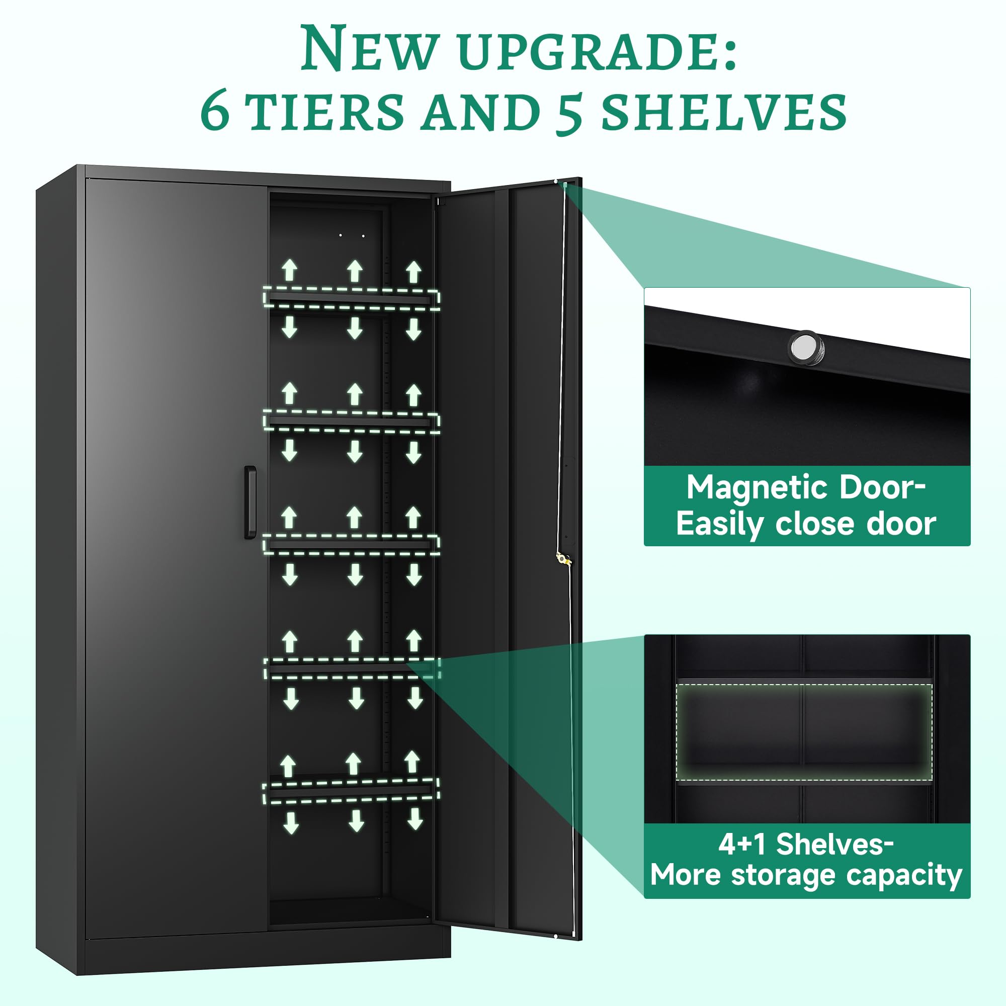 Letaya Metal Storage Cabinets with Lock Doors,Tall Locker Organizer Steel Garage Cabinets, 5 Adjustable Layers Shelves for Home, Office, Warehouse,Tool,Industrial(Black)
