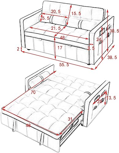 ERYE Modern Loveseat Convertible Sleeper Couch Bed, Upholstered Futon Sofabed for Living Room,2 Seater Comfy Love Seat Daybed Sofas, Beige Twin Velvet Tufted 2 Cylinder Pillows Multi-Pockets B