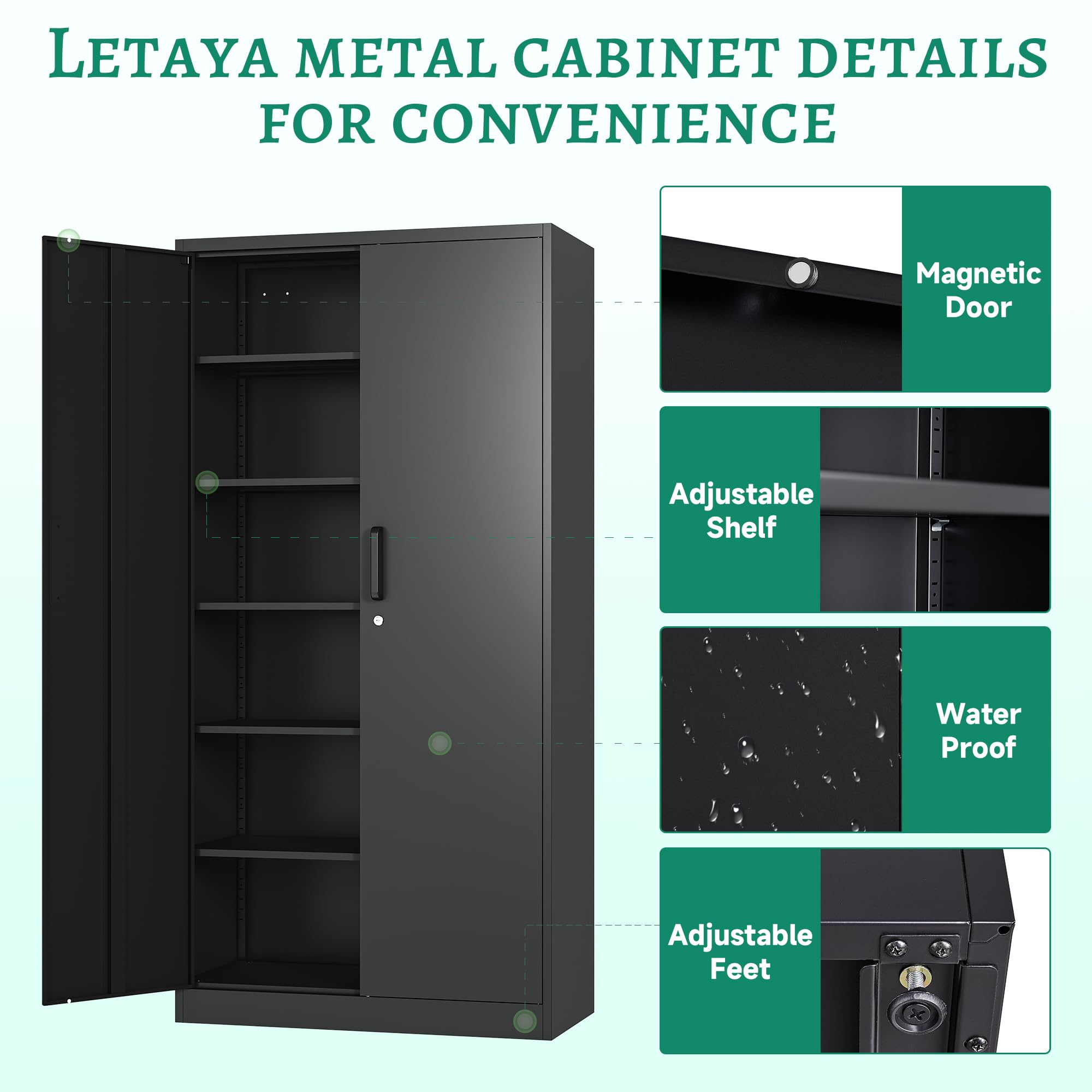 Letaya Metal Storage Cabinets with Lock Doors,Tall Locker Organizer Steel Garage Cabinets, 5 Adjustable Layers Shelves for Home, Office, Warehouse,Tool,Industrial(Black)